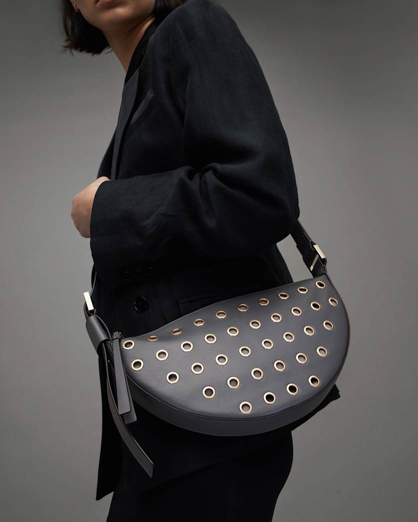 Half Moon Leather Eyelet Crossbody Bag Slate Grey | ALLSAINTS Canada